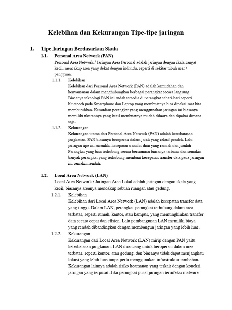 Tugas Kelebihan Dan Kekurangan Dari Tipe-Tipe Jaringan Komputer | PDF
