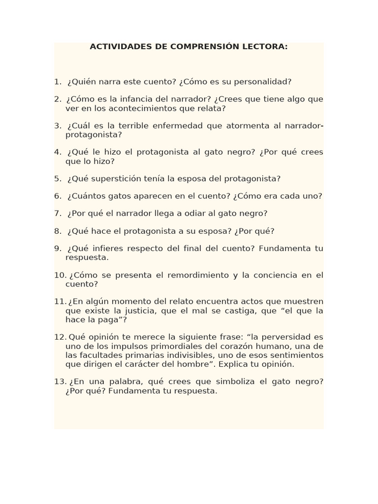 Actividades de Comprensión Lectora para El Gato Negro | PDF