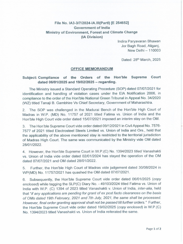 MoEF OM On Environmental Clearance Violation Cases | PDF | Common Law ...