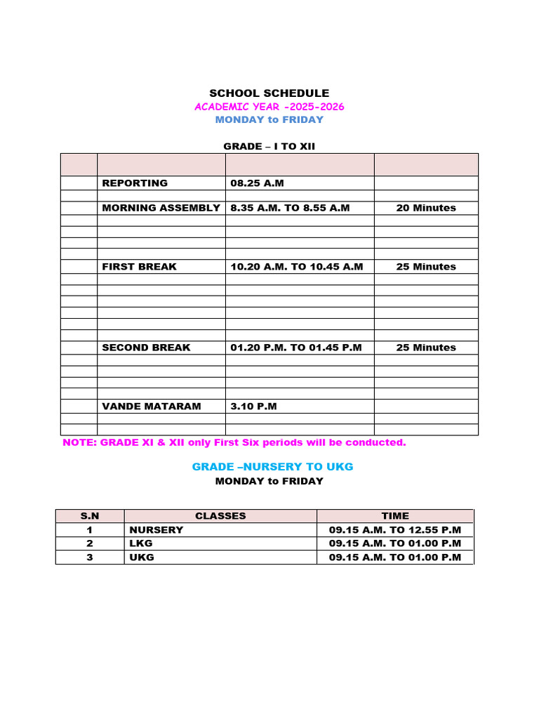 School Schedule 2025-2026 (Monday-Friday) | PDF