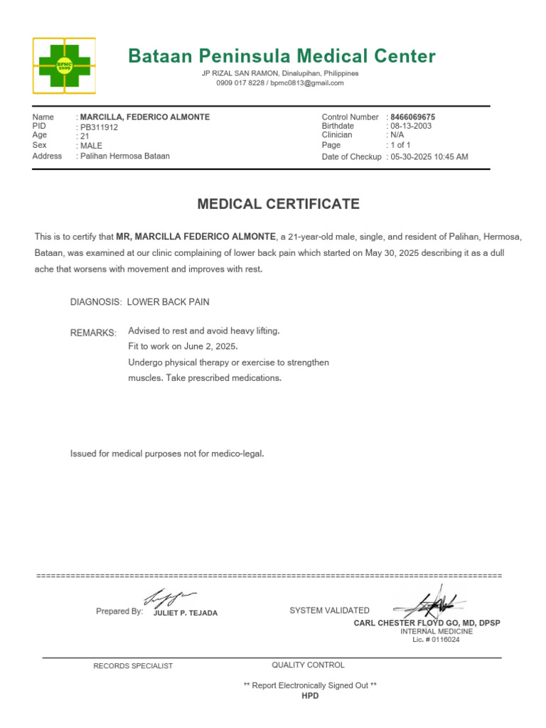 Medical Certificate for Lower Back Pain | PDF