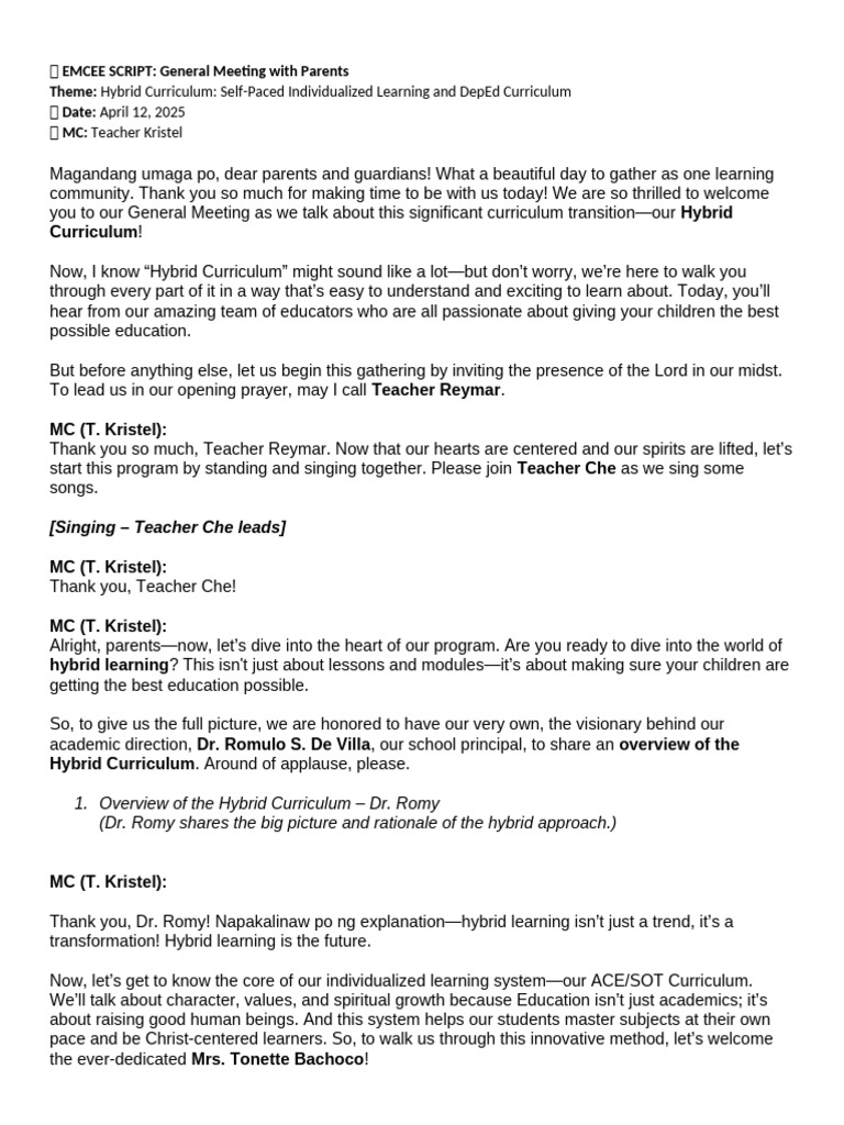 EMCEE SCRIPT General Meeting With Parents | PDF | Multiple Choice ...