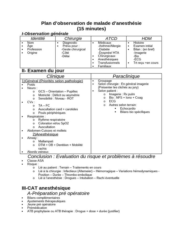 Plan d'Observation Anesthésie Patient | PDF | Anesthésie | Maladies et ...