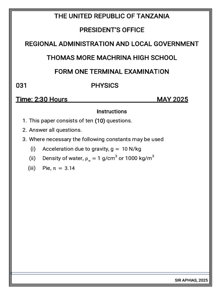 Physics Form One Terminal Examination. Thomas More Machrina High School | PDF | Density | Buoyancy