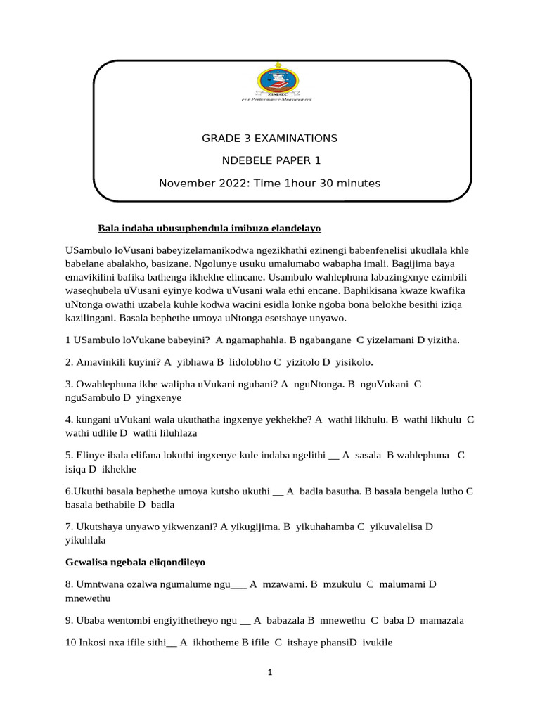 Ndebele Grade 3 Exam Paper 1 | PDF