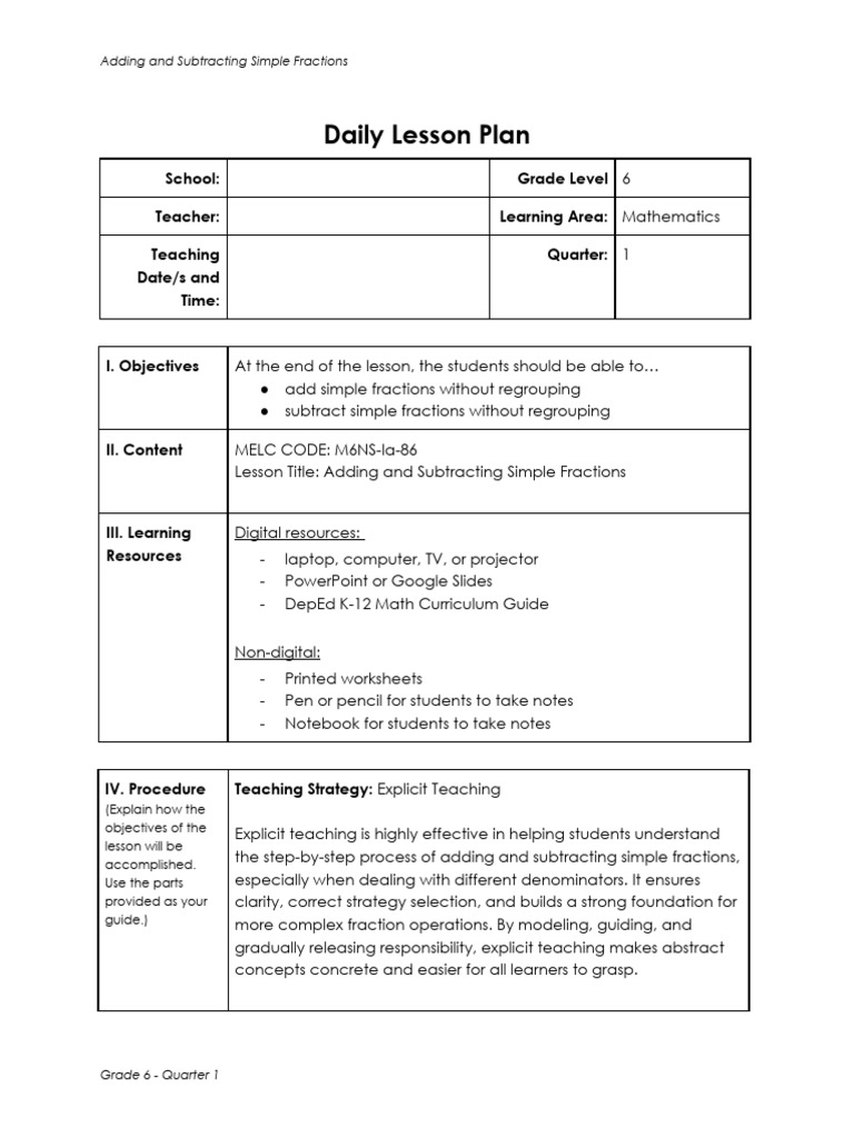 M6Q1L01 Lesson Plan - Adding and Subtracting Simple Fractions | PDF ...