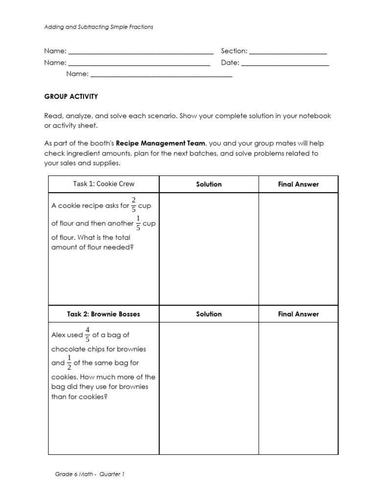 M6Q1L01 Worksheet and Answer Key - Adding and Subtracting Simple ...