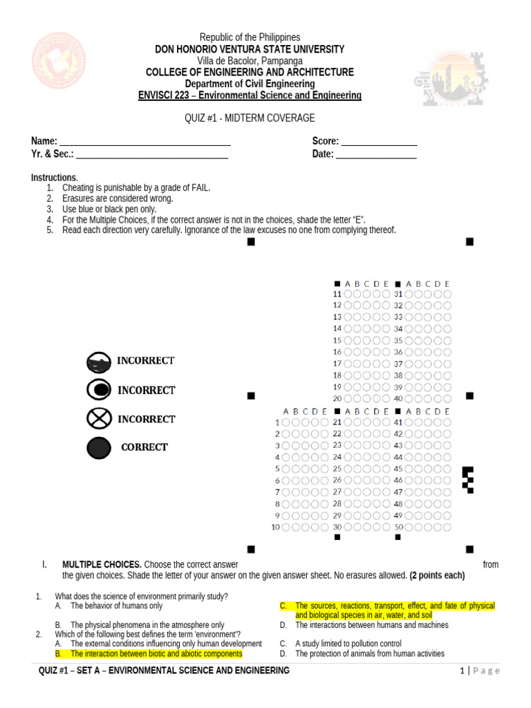 Quiz No. 1 Set A Midterm Coverage ANSWER KEY | PDF | Atmosphere Of ...
