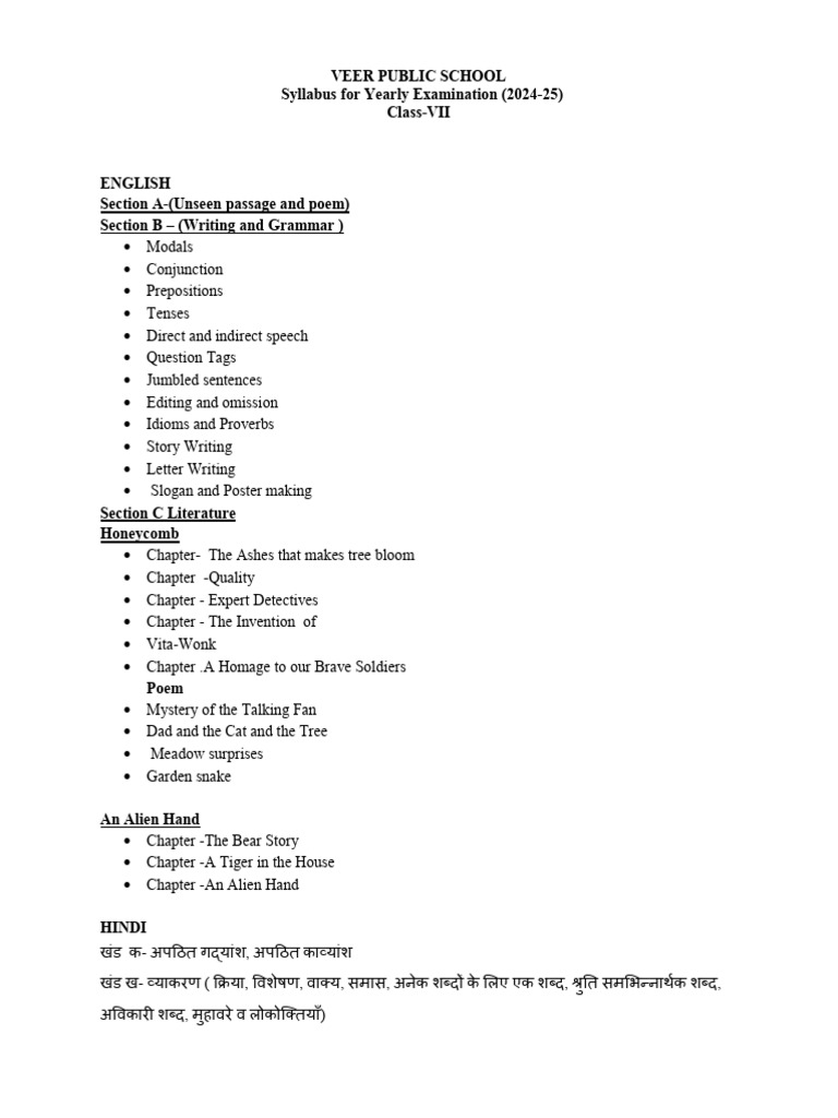 Yearly Syllabus Class 7 (2024-25) | PDF