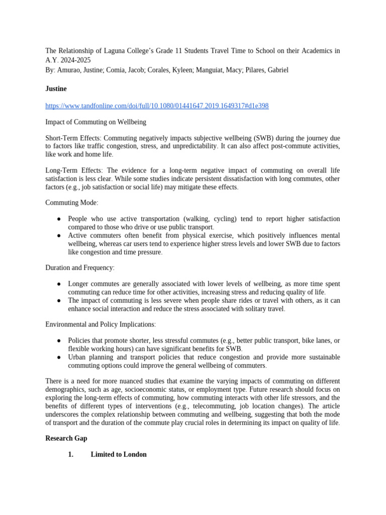 Impact of Commute on Student Academics | PDF | Commuting | Traffic ...