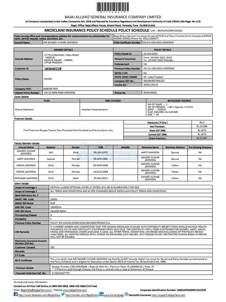 Bjaz GC Policy Schedule | PDF | Insurance | Identity Document