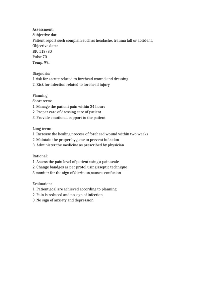 Forehead Injury Care Plan | PDF