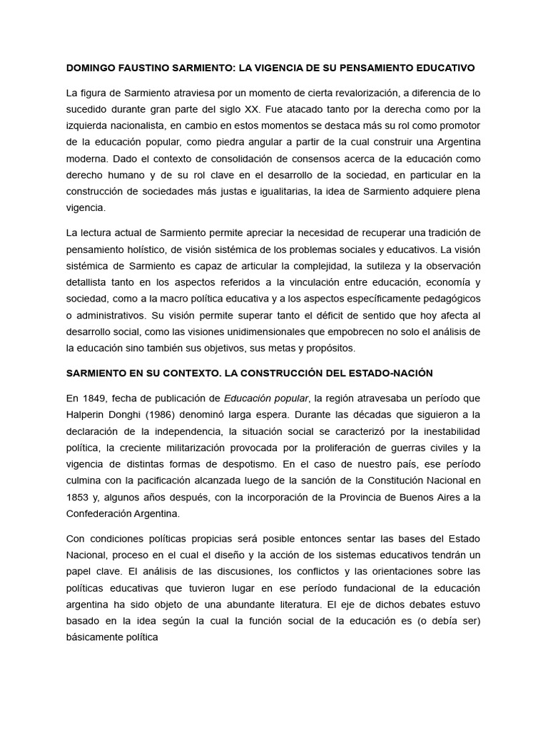 Resumen Sarmiento | PDF | Pensamiento | Enseñando