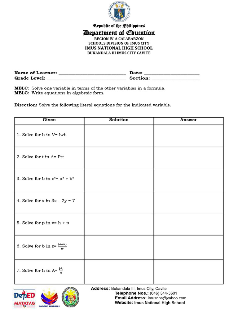 Q4 - Las - Math7 - Week4 - Literal Equations | PDF