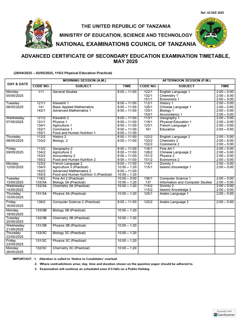 Acsee Timetable 2025 | PDF