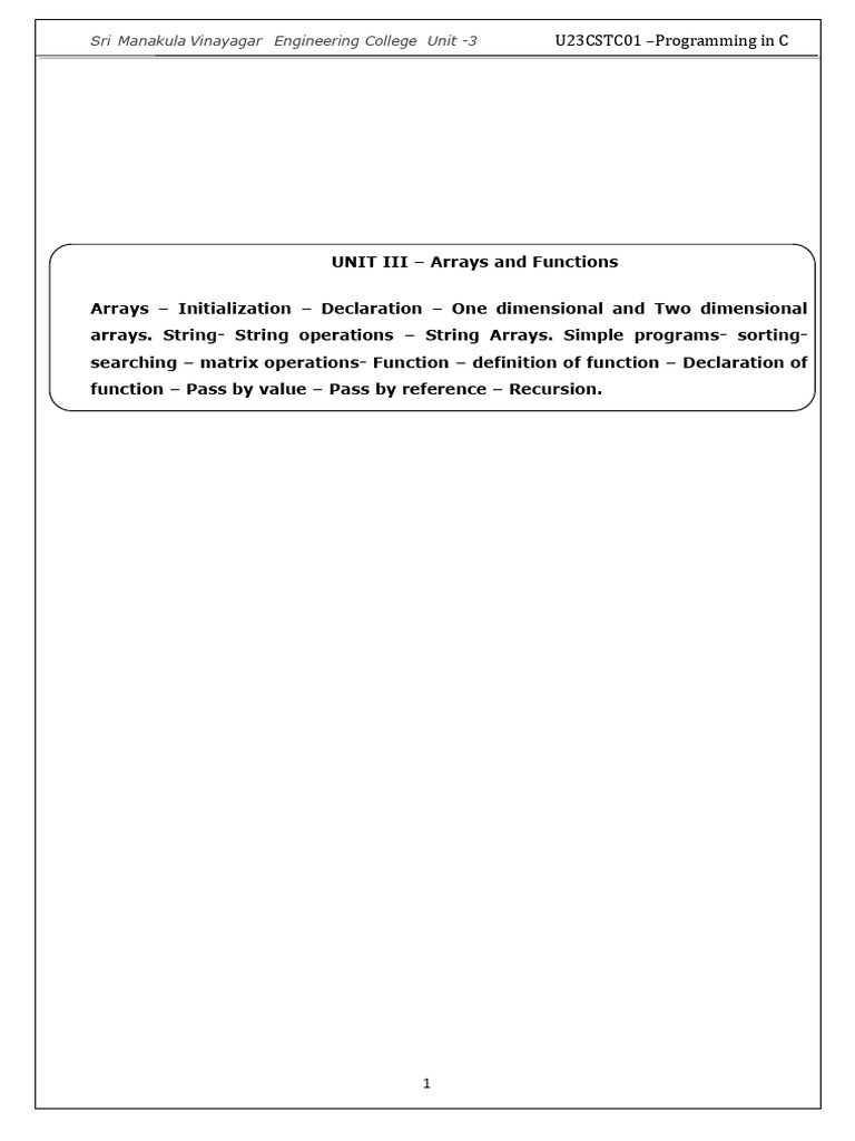 Sri Manakula Vinayagar Engineering College Unit - 3: U23CSTC01 - Programming in C | PDF ...