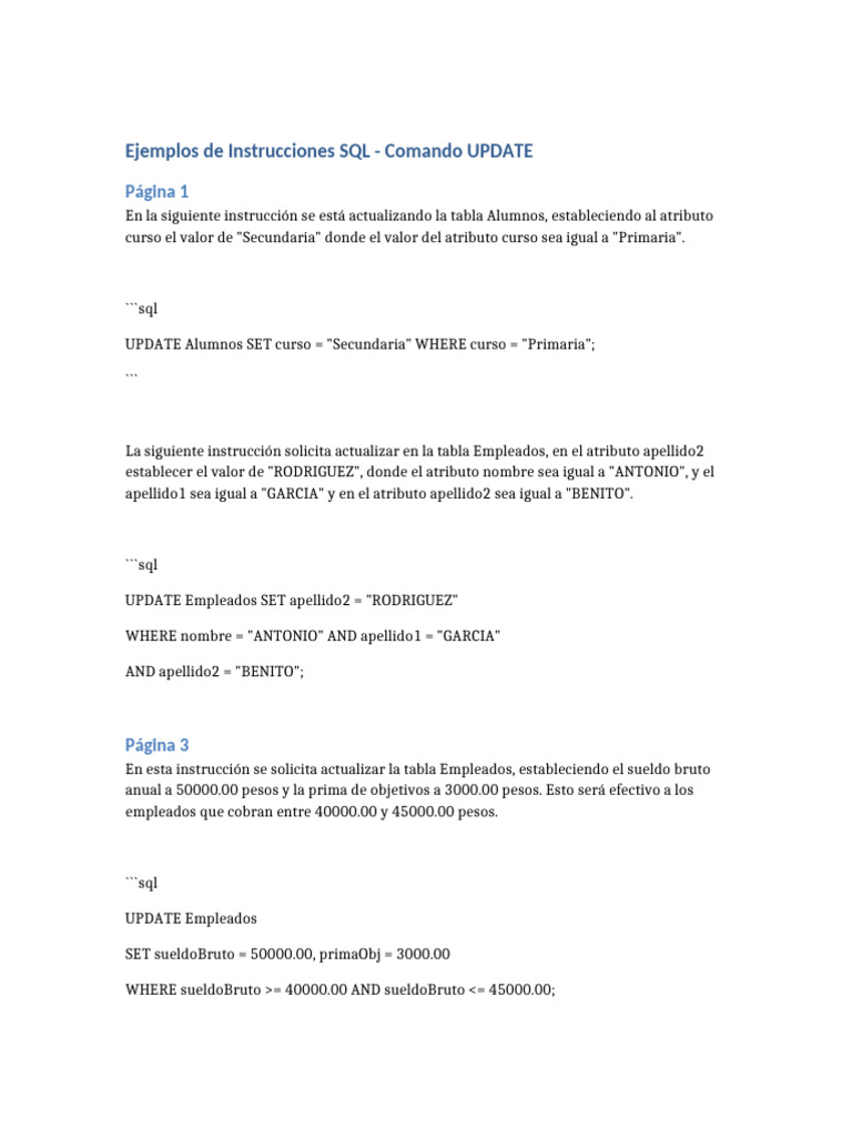 Ejemplos Update SQL | PDF | SQL | Bases de datos