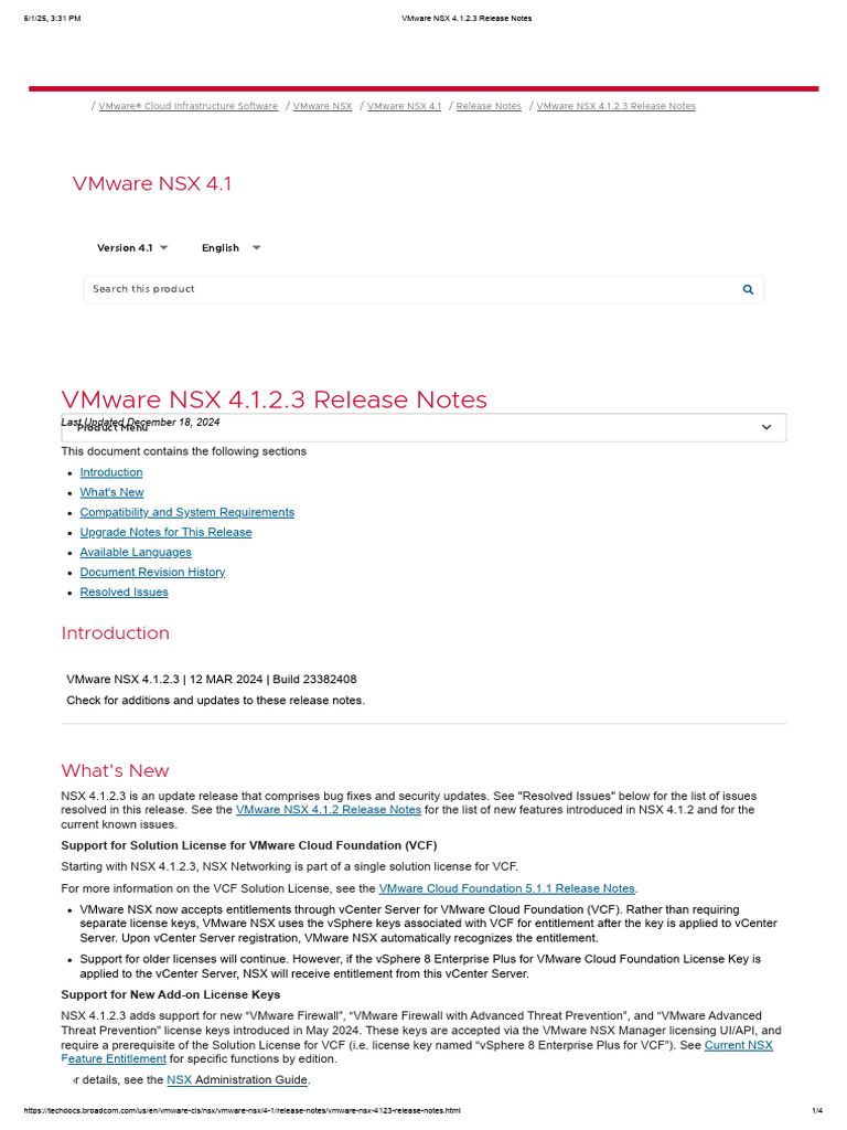 VMware NSX 4.1.2.3 Release Notes | PDF | Computing | Data Transmission