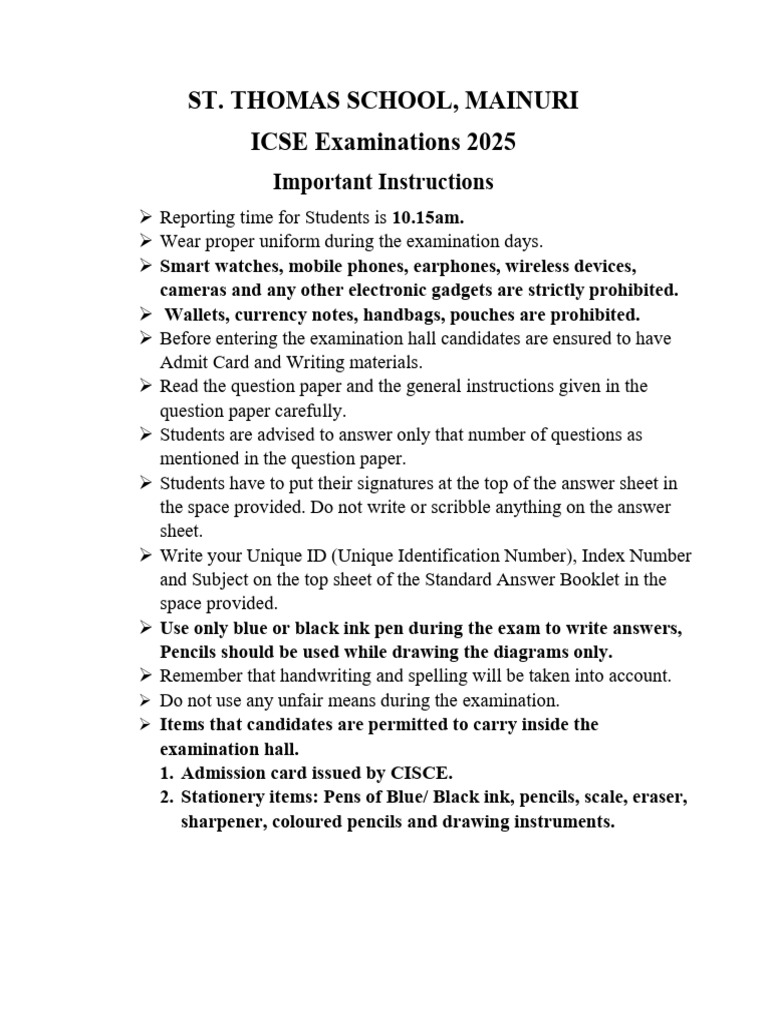 ICSE Class 10 Exam 2025 Guidelines | PDF