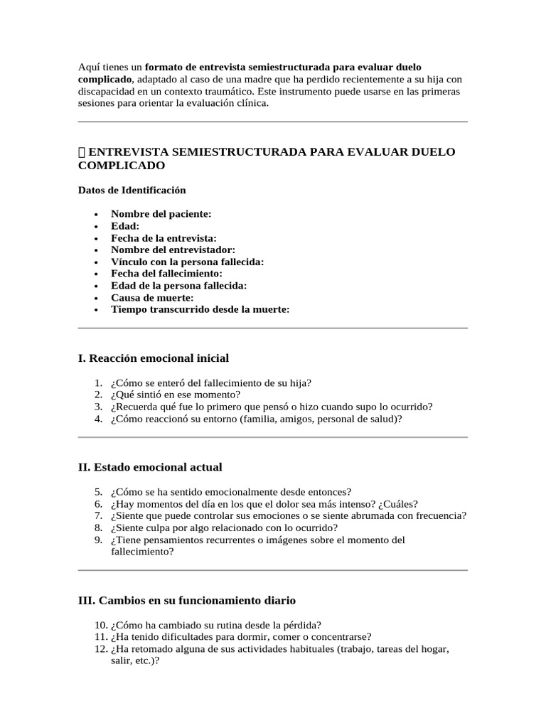 Formato de Entrevista Semiestructurada para Evaluar Duelo Complicado | PDF | Dolor | Las emociones