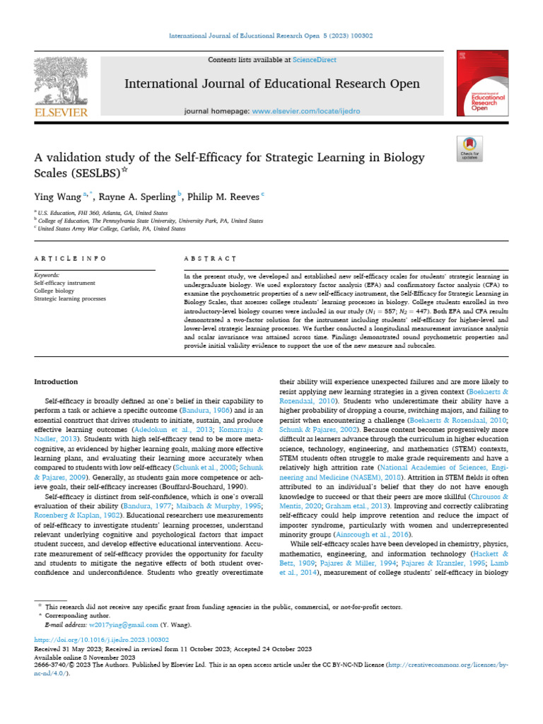 A Validation Study of The Self Efficacy For S 2023 International ...