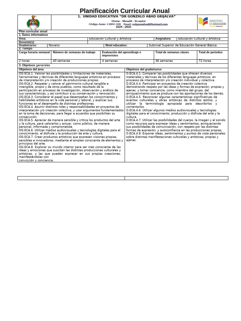 Plan Anual y Pud - 9no - Egb - Cultura Estetica Carlos Ceeño 2022 - 2023 | PDF | Cómics | Escultura