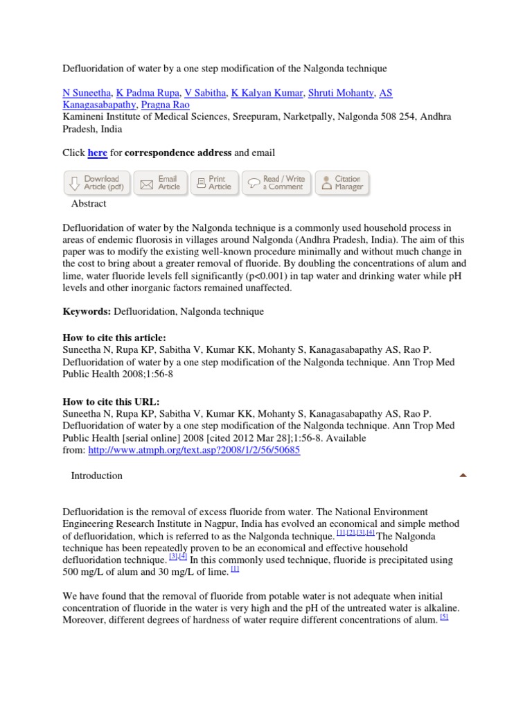 Defluoridation of Water by a One Step Modification of the Nalgonda ...