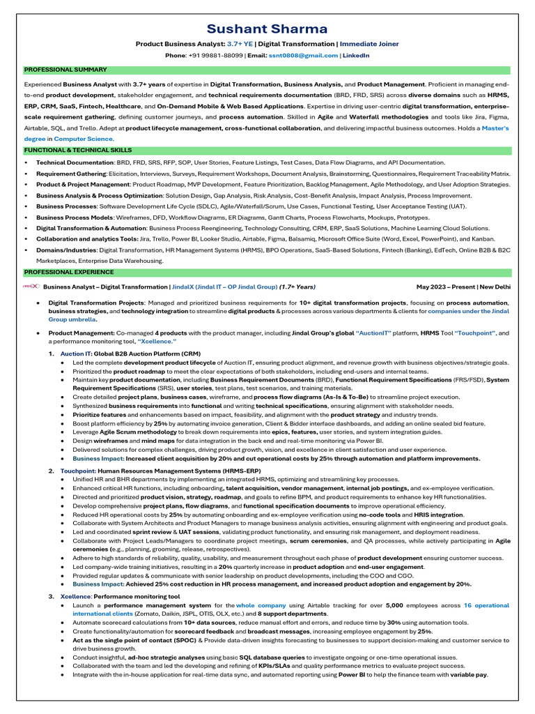 Immediate Joiner: Business Analyst CV | PDF | Software Development ...