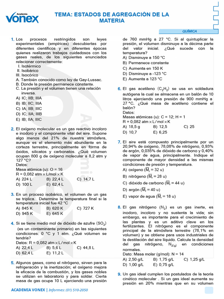 Tema: Estados de Agregación de La Materia: Química | PDF | Gases | Mole ...