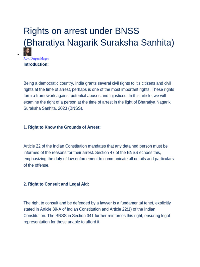 Rights On Arrest Under BNSS | PDF | Arrest | Right To Silence