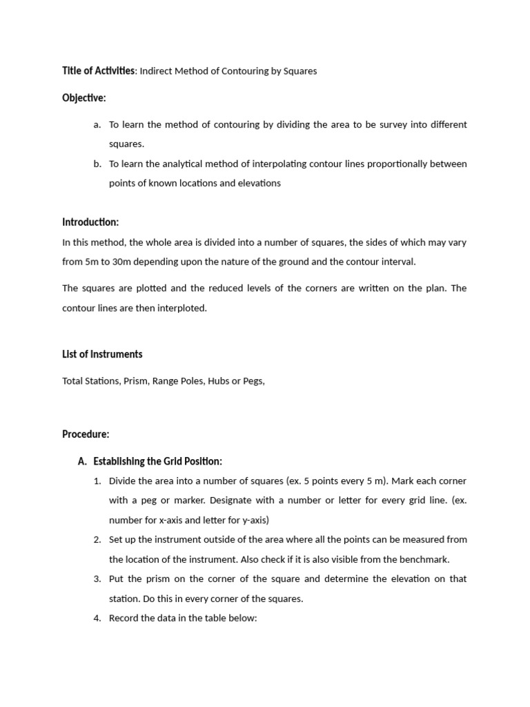 Indirect Contouring by Squares Method | PDF | Contour Line | Surveying