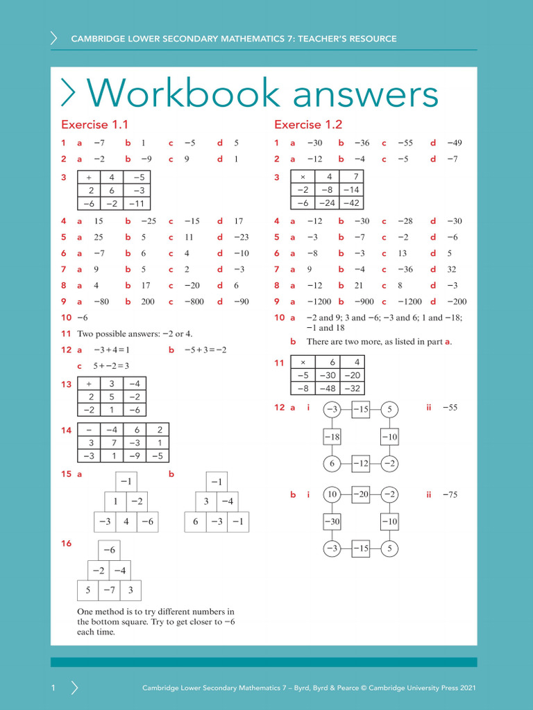 Cambridge Lower Secondary Mathematics Workbook 7 Answers Key Sample | PDF