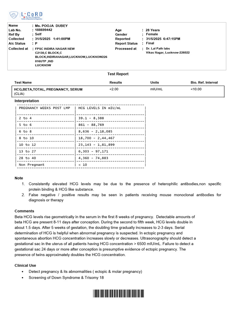 (CLIA) 2.00 mIU/mL 10.00 | PDF | Pathology | Human Chorionic Gonadotropin