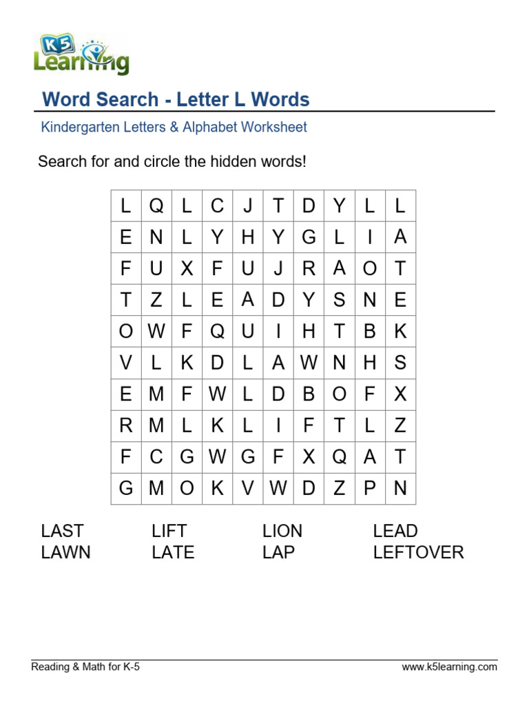 Letter L Word Search Worksheet | PDF