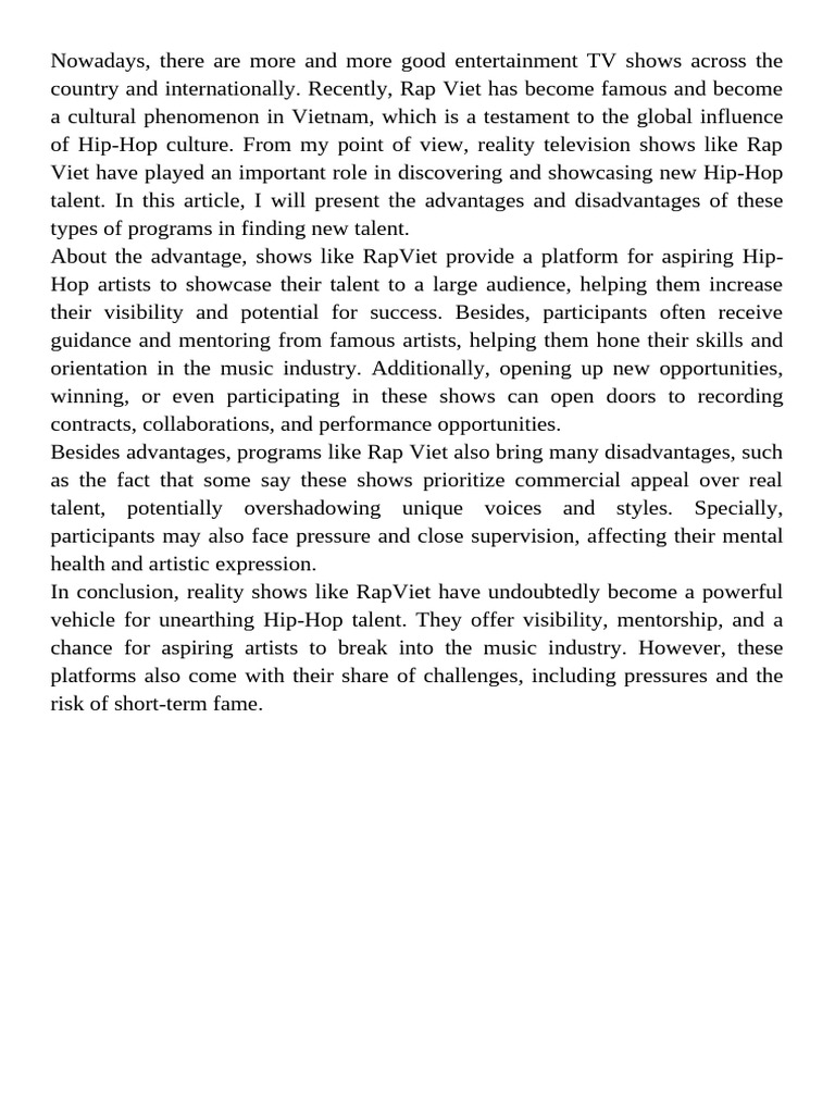 Pros and Cons of Rap Viet Reality Show | PDF