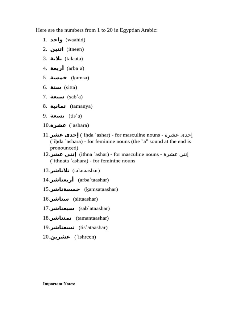 Egyptian Arabic Numbers 1 to 20 | PDF