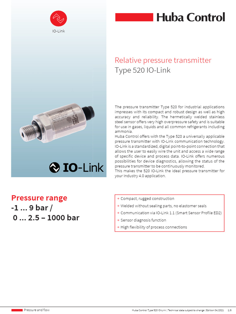 520 IO Link Pressure Sensor | PDF | Pressure Measurement | Sensor