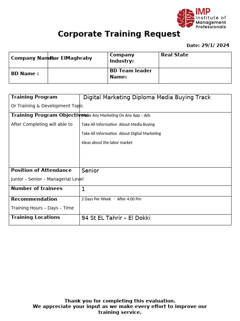 IMP Corporate Training Request | PDF