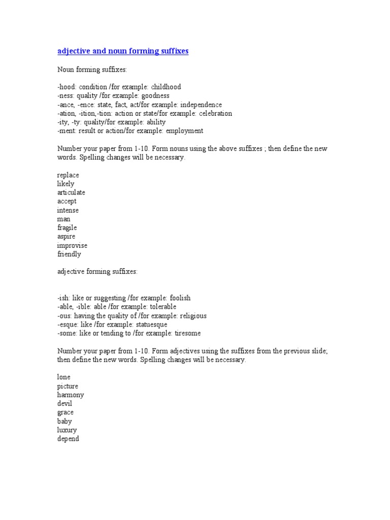 Adjective and Noun Forming Suffixes | PDF | Verb | Noun