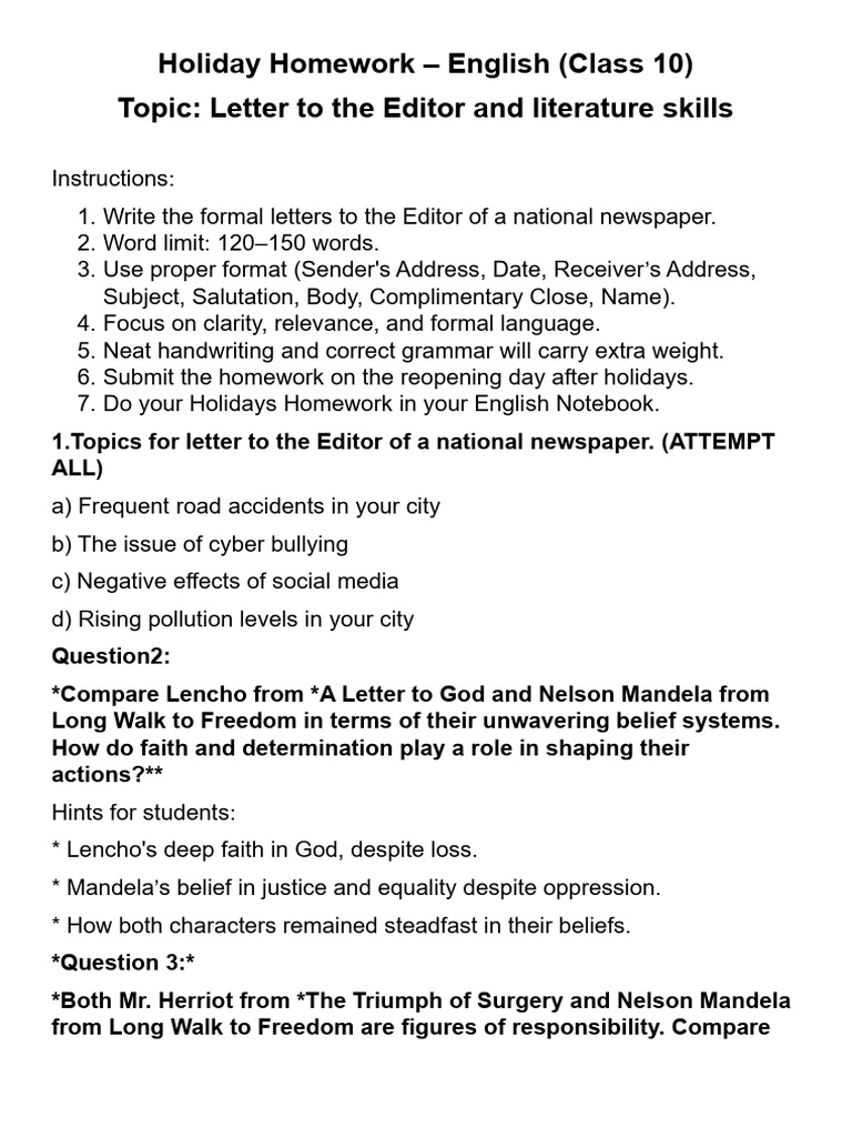 English Holiday Homework Class 10 SV 2025 | PDF