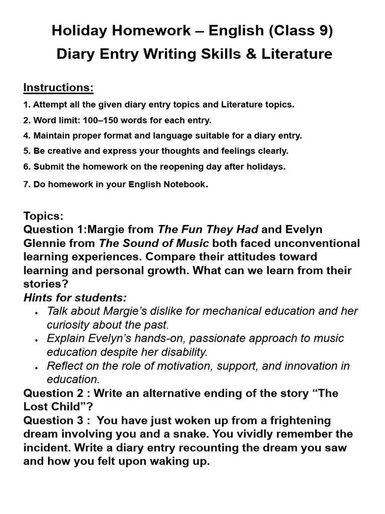 English Holiday Homework Class 9 SV 2025 | PDF