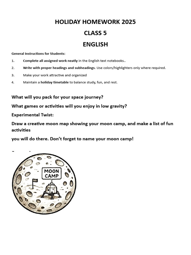 English Holiday Homework Class 5 SV 2025 | PDF | Grammatical Gender | Noun