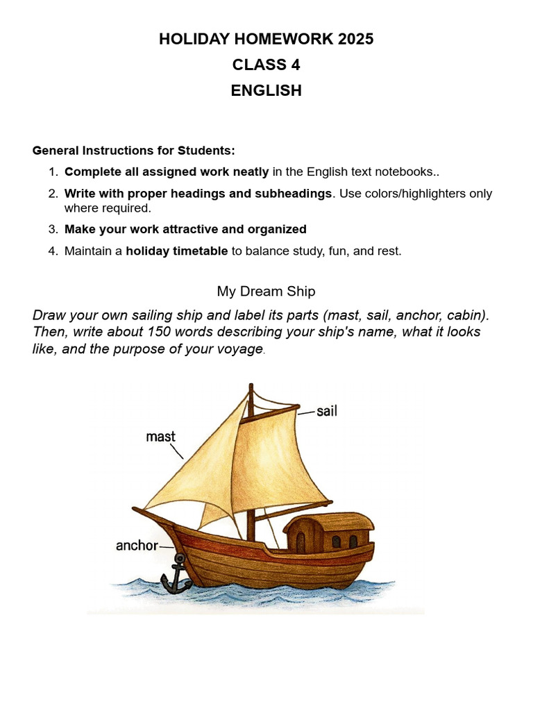 English Holiday Homework Class 4 SV 2025 | PDF