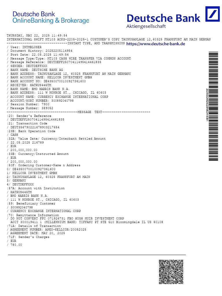 Swift MT103 Acks-2205-2025-1 Usa | PDF | Wire Transfer | Private Sector