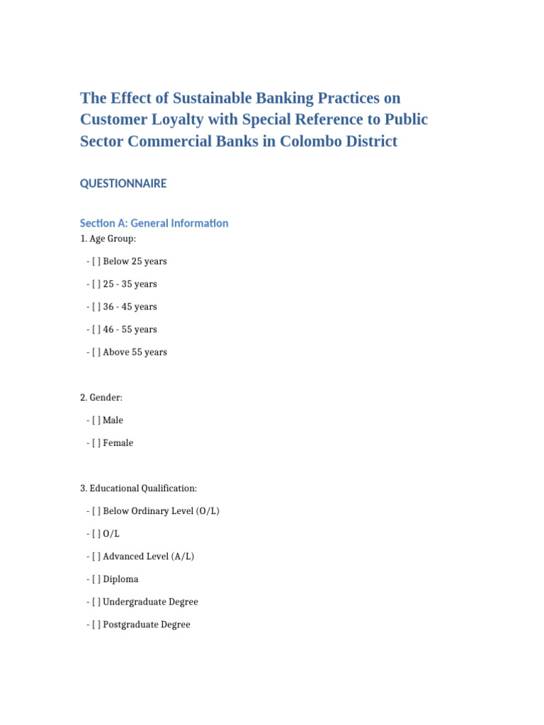 Sustainable Banking Questionnaire | PDF | Academic Degree | Economies