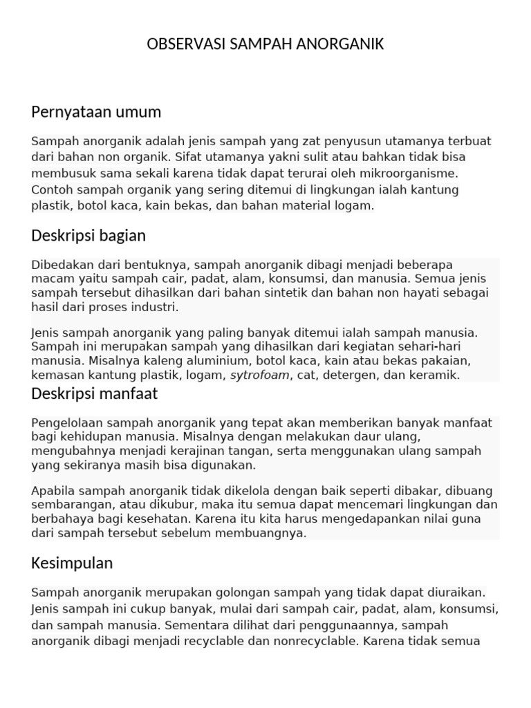 Observasi Sampah Anorganik | PDF