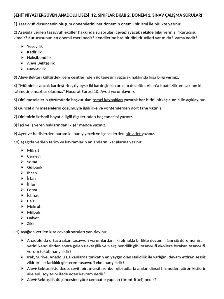 ŞEHİT NİYAZİ ERGÜVEN ANADOLU LİSESİ 12 Dkab 2. Dönem 1. Sınav Hazırlık Soruları | PDF