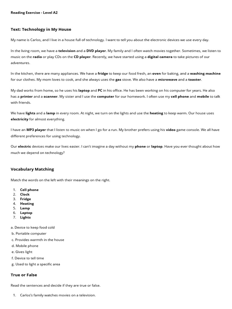Reading Exercise - Level A2 | PDF | Home Appliance