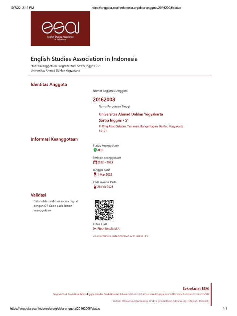 Sertifikat Anggota ESAI Prodi Sastra Inggris UAD | PDF