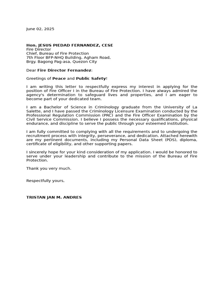 application letter to the chief bfp | PDF